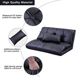 EOVTK Adjustable Lazy Sofa with 2 Pillows, PU Leather Loveseat Recliner, 5 Position Floor Couch Video Gaming Foldable Mattress Futon Sleeper Bed for Bedroom, Living Room, Black