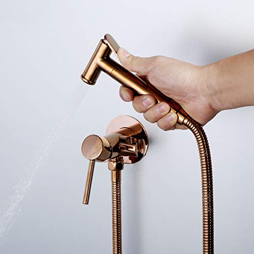 MINJING Bidet Faucet Rose Gold, Solid Brass Hand Held Bidet Sprayer for Toilet, Hot and Cold Water Single Handle Wall Mount Cloth Diaper Sprayer