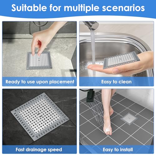 4Pcs Shower Drain Hair Catcher, Sink Hair Stopper, Sink Drain Cover Strainer, Drain Hair Filter Mesh Tub Drain Protector, Stainless Steel Bathtub Hair Trap Stopper for Kitchen Bathroom (Square)