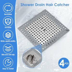 4Pcs Shower Drain Hair Catcher, Sink Hair Stopper, Sink Drain Cover Strainer, Drain Hair Filter Mesh Tub Drain Protector, Stainless Steel Bathtub Hair Trap Stopper for Kitchen Bathroom (Square)