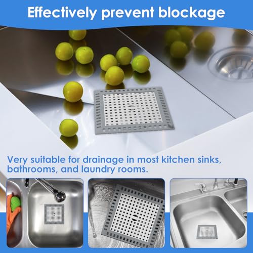 4Pcs Shower Drain Hair Catcher, Sink Hair Stopper, Sink Drain Cover Strainer, Drain Hair Filter Mesh Tub Drain Protector, Stainless Steel Bathtub Hair Trap Stopper for Kitchen Bathroom (Square)