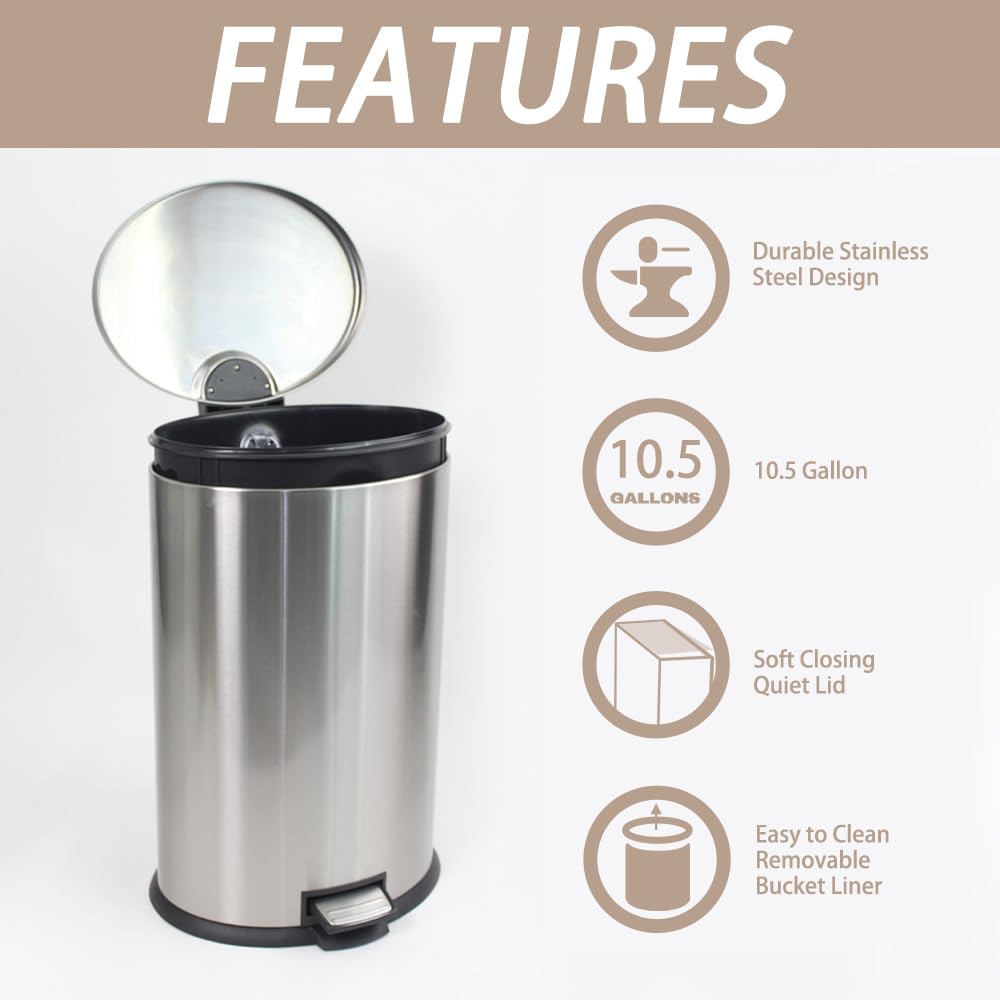 KOOMADE Kitchen Trash Can with Lid, 40 Liter/10.5 Gallon Stainless Steel Trash Can, Oval Step Garbage Can, Soft Close Trash Bin for Bathroom Home Office