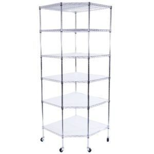 6-tier corner rack shelf on wheels | metal shelving unit with wheels | chrome-plated storage organizer for living room, bathroom, kitchen (26.77" x 70.87")