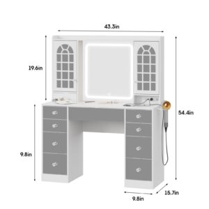 Maupvit Makeup Vanity Desk with Mirror and Lights, Large Vanity Desk with Storage Cabinet and 9 Drawer, White Vanity Table with Power Strip, 3 Lighting Modes, Brightness Adjustable, 43.3in(L)