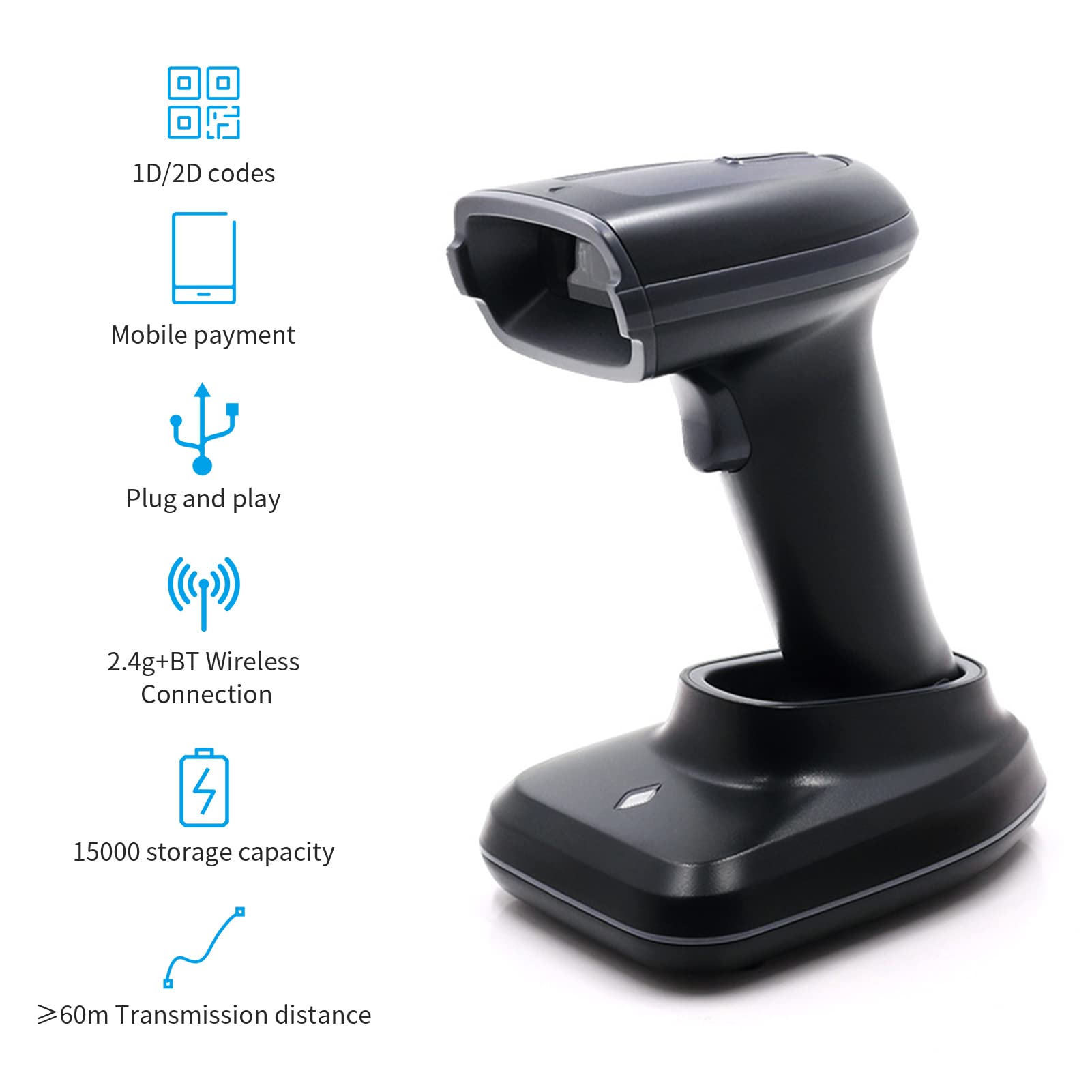 Barcode Scanner Bluetooth USB Wired 2.4G Wire Less Connection Handheld 2D 1D QR Code Reader with Cradle