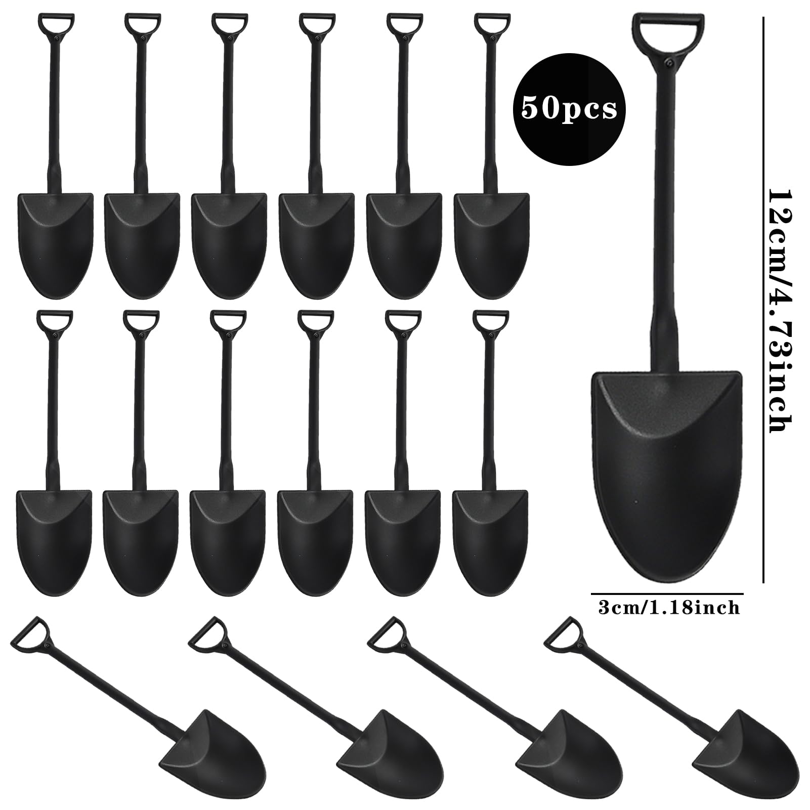 Mini Shovel Spoons, Disposable Plastic Dessert Shovel Spoon, Halloween Shovel Shaped Spoon for Ice Cream Pudding Yogurt Party Birthday Party Favors Construction Baking Supply, Black (50, Black)