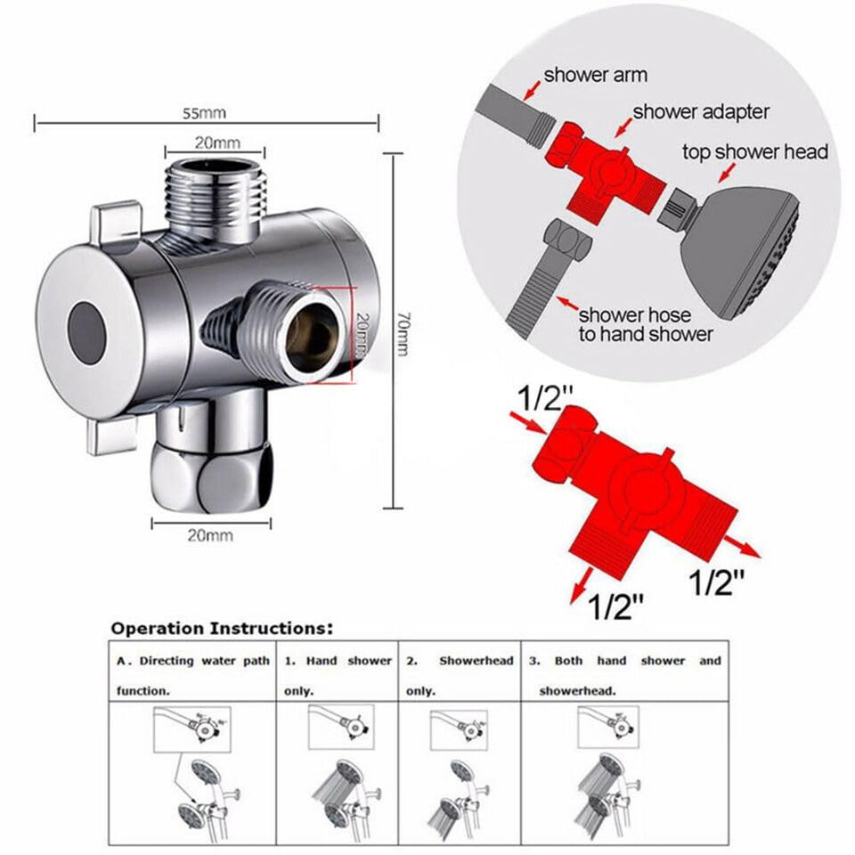 1/2 Inch Three Way T-adapter Valve Fit for Toilet Bidet Shower Head Diverter Valve