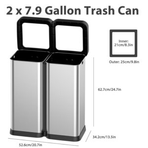 TrailBlaze 2x7.9 Gallon Kitchen Trash Can, Dual Compartment Waste Bins, Open Top, No Lid Stainless Steel Trash Bin for Kitchen, Office, Restaurant