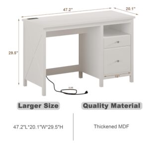 ChooChoo 47" White Desk with Drawers, Wood Home Office Computer Desk with Charging Station, 2 Storage Drawers and Open Shelf, Writing Study Table Vanity Desk