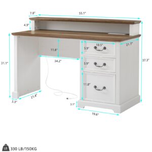 Vagaconl 55in Farmhouse Desk with Outlets, Mid Century Modern Desk with Charging Station File Cabinet, Storage Cabinet, Vintage Computer Writing Desk,Home Office,White and Brown