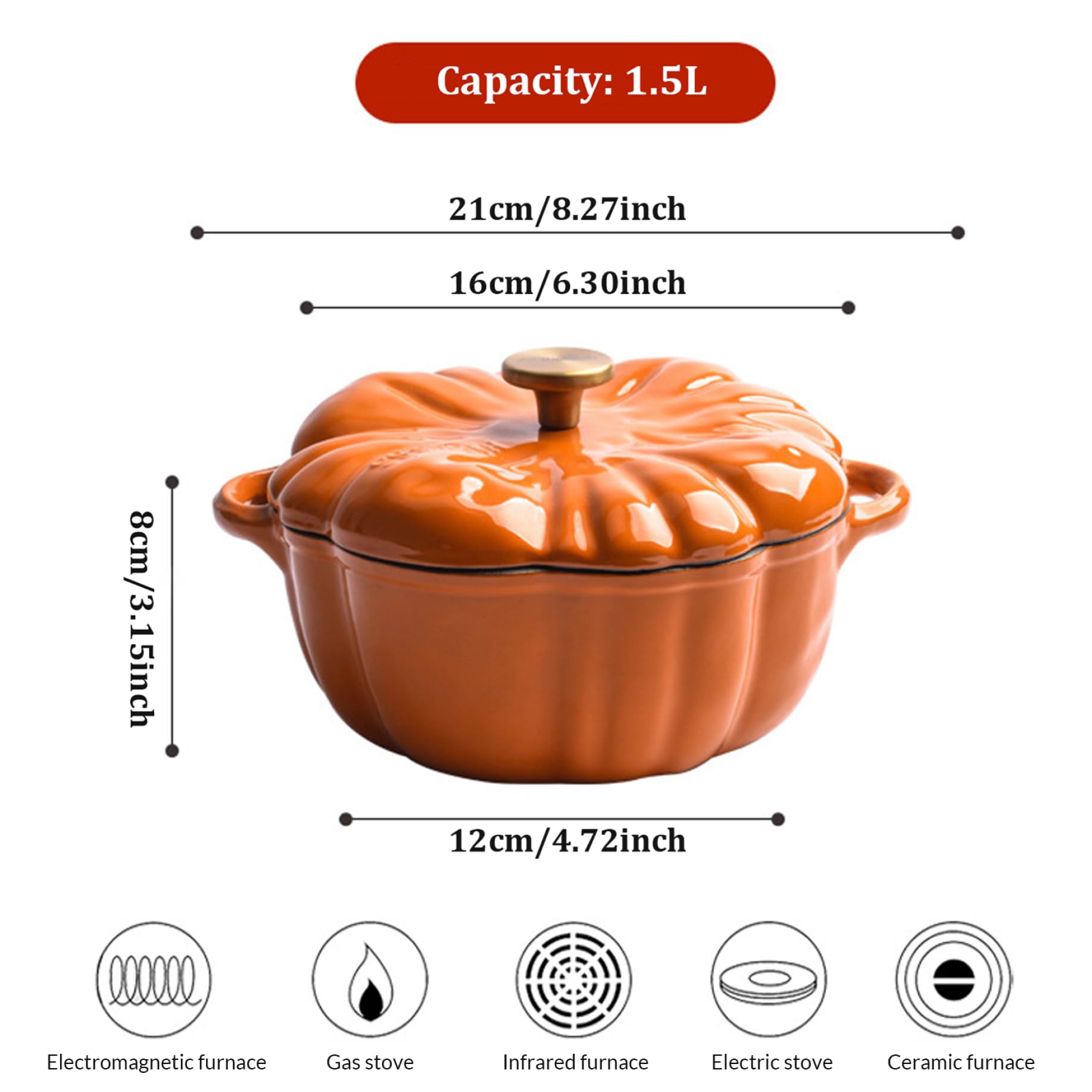 Kalastussaari Pumpkin Dutch Oven Pot with Lid & Handle 1.5L Non-Stick Enamel Pumpkin Dutch Oven Even Heating Universal Kitchen Pumpkin Pot for Stew Pumpkin Pot