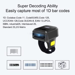 1D Ring Barcode Scanner Compatible with BT Function 2.4GHz Connection Portable Wearable Mini Finger Bar Code Reader Used for Warehouse Inventory Store Pharmacy Supermarket (1D