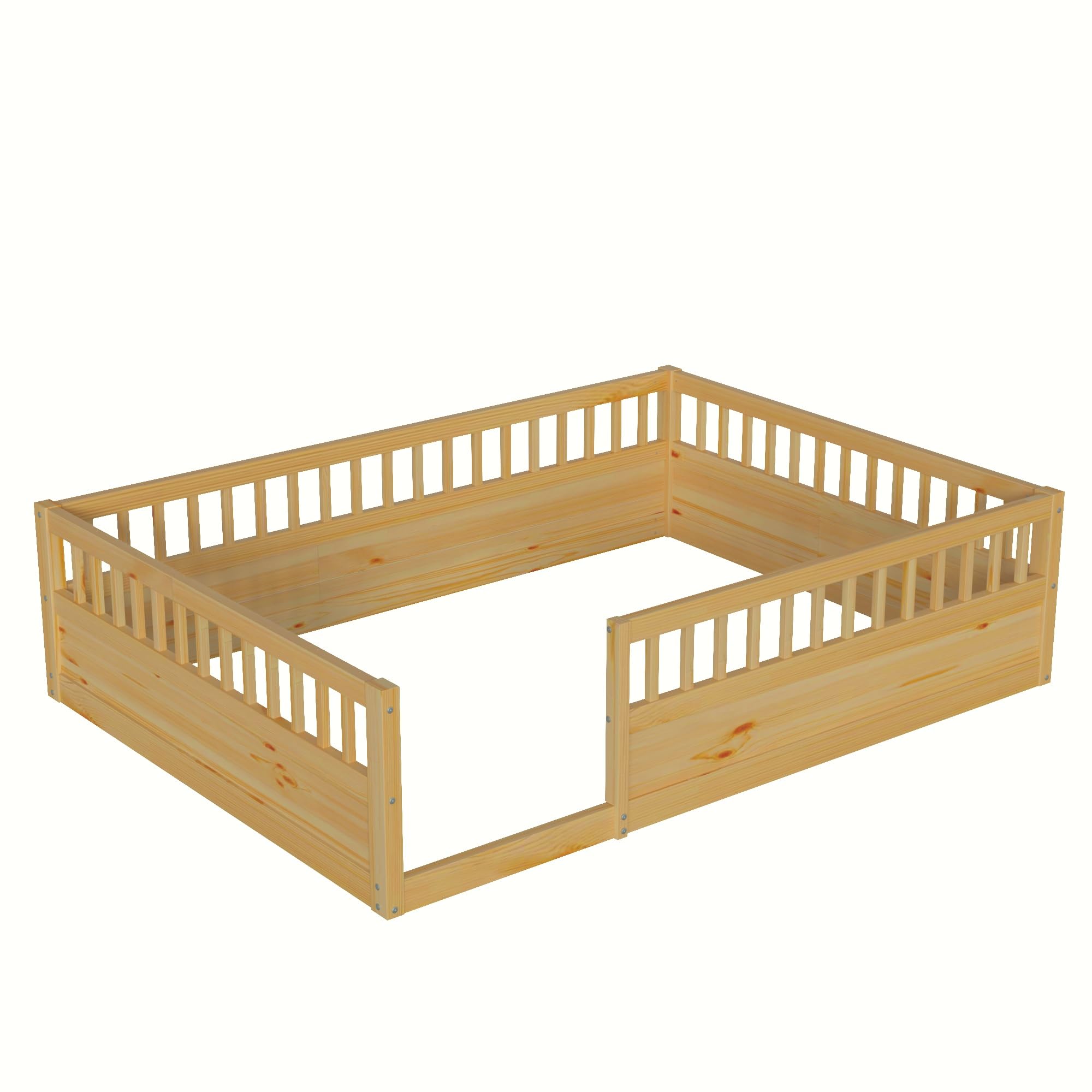 Natural Floor Bed, Full Size Montessori Bed with High Fence Railings, Wood Playhouse Bed with Rails for Baby Kids Boys Girls Teens, No Slats Included