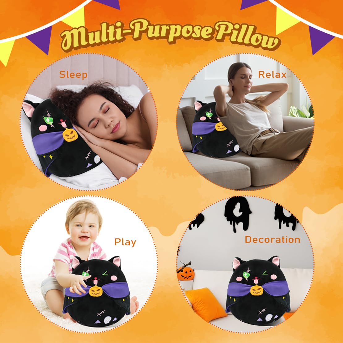 Jrystar 12'' Happy Halloween Black Cat Plush Pillow Toy Soft Skeleton Pumpkin Black Cat Plush Hugging Throw Pillow Home Party Decorations for Kids Adults