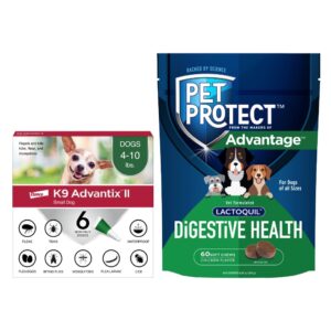 bundle of k9 advantix ii small dog| dogs 4-10 lbs. | 6-mo supply + pet protect dog digestive health supplement | 60 chews