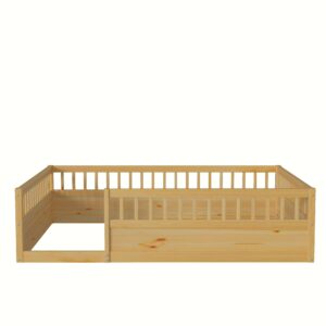 Natural Floor Bed, Full Size Montessori Bed with High Fence Railings, Wood Playhouse Bed with Rails for Baby Kids Boys Girls Teens, No Slats Included