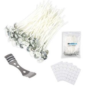 theambrella candle wicks 100pcs- 6inch long pre-waxed wicks with 100 wick stickers & 3-hole wick centering tool - low smoke & longer burning time - perfect for diy candles