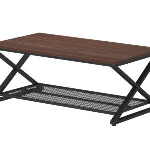 LVB Walnut Coffee Table with Storage, Metal Wood Rectangle Living Room Table, Industrial 2 Tier Center Table with Mesh Shelf, Vintage Wooden Middle Concrete Tables for Office Bedroom, 39 inch, Walnut