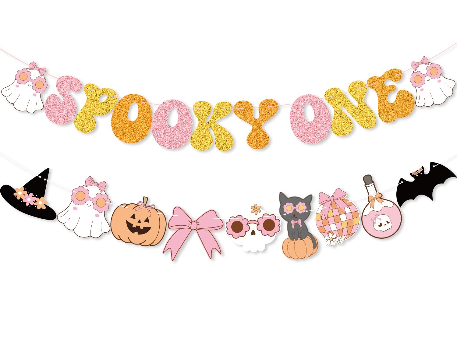 Groovy Spooky One Birthday Decorations Girl, Glitter Spooky One Banner, Pink Hippie Halloween 1st Birthday Party Decorations, Retro Groovy Coquette Halloween First Birthday Party Supplies