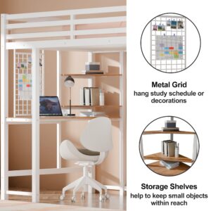 Twin Size Loft Bed with Desk and Shelves, Metal Loft Bed Frame with Metal Grid & Safety Guardrails & 2 Ladders, Space Saving Loft Beds for Kids, Teens, Adults, No Noise, No Box Spring Needed, White