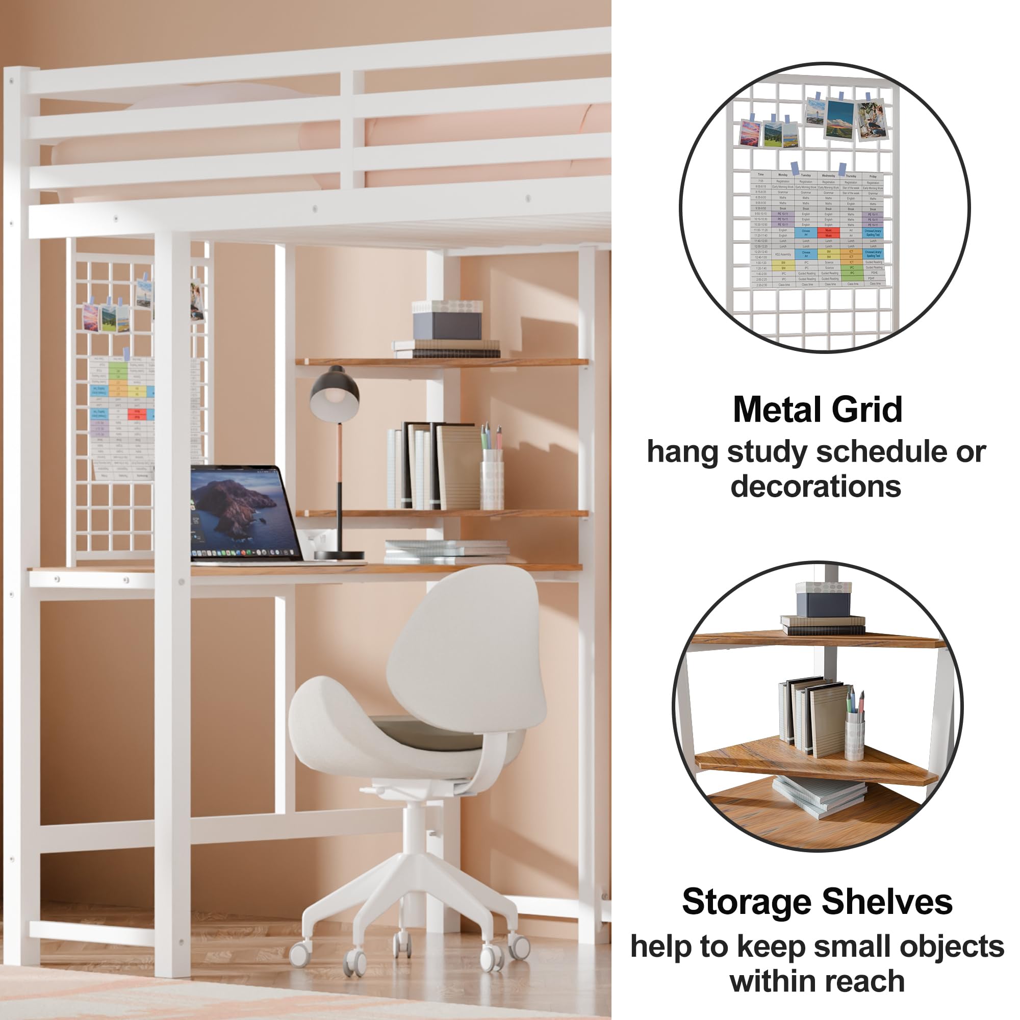 Twin Size Loft Bed with Desk and Shelves, Metal Loft Bed Frame with Metal Grid & Safety Guardrails & 2 Ladders, Space Saving Loft Beds for Kids, Teens, Adults, No Noise, No Box Spring Needed, White