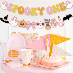 Groovy Spooky One Birthday Decorations Girl, Glitter Spooky One Banner, Pink Hippie Halloween 1st Birthday Party Decorations, Retro Groovy Coquette Halloween First Birthday Party Supplies