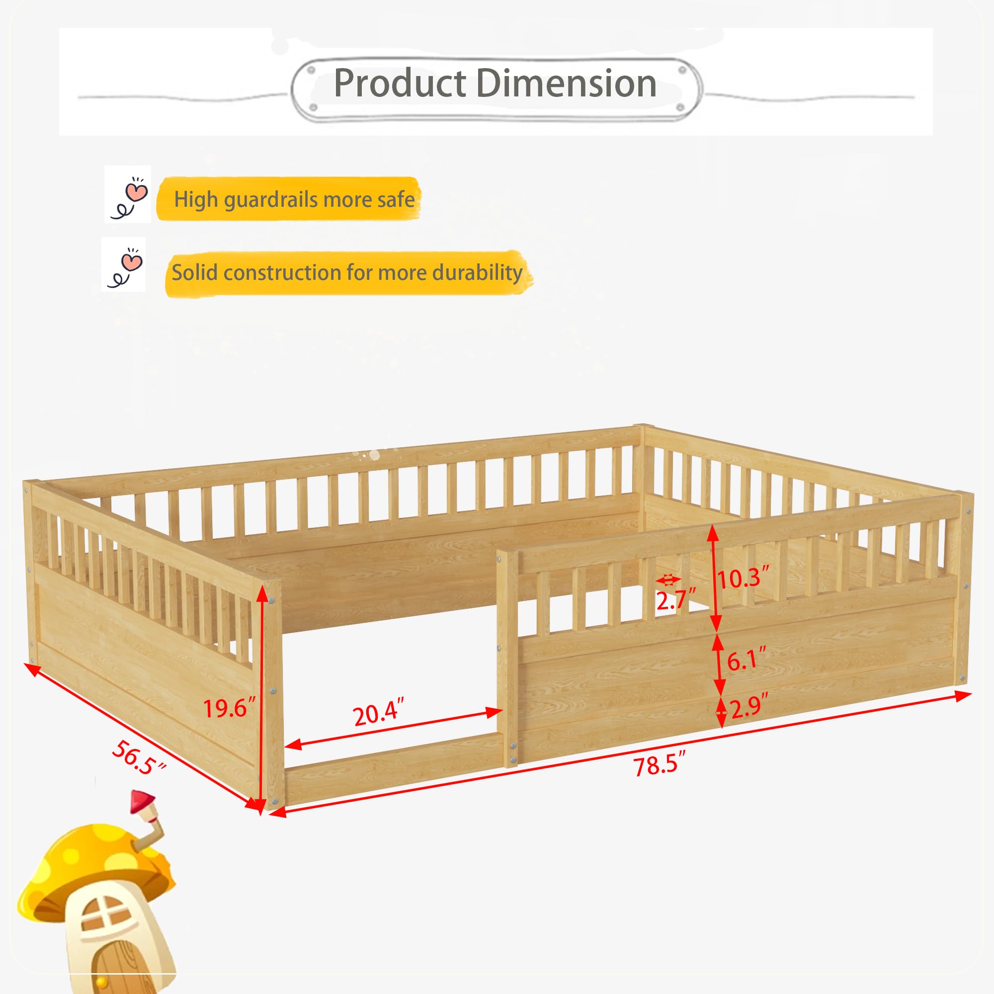 Natural Floor Bed, Full Size Montessori Bed with High Fence Railings, Wood Playhouse Bed with Rails for Baby Kids Boys Girls Teens, No Slats Included