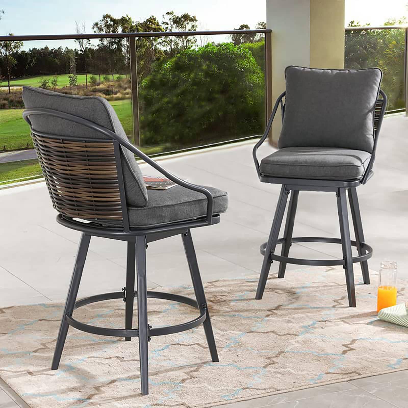 PatioFestival Outdoor Swivel Bar Stools Set of 4 Bar Height Patio Furniture Stool Chairs with 3.9" Thickness Seat Cushion for Deck Porch Backyard