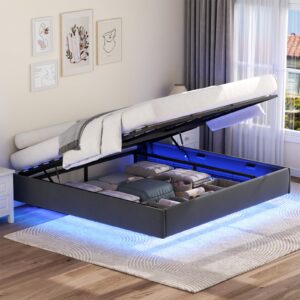 King Floating Lift Up Bed Frame with LED Light, Modern Metal Platform Bed Frame with Hydraulic Storage, Innovative Stable Structure&Wood Slats Support,No Box Spring Needed,Easy Assemble (King Size)