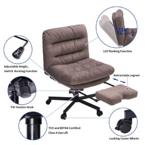 KUMEPOJO Armless Office Chair with Wheels 400 lbs, Cross-Legged Wide Comfy Office Chair, with Rocking Feature, Retractable Leg Rests, Locking Caster Wheels, Mocha-Colored Velvet Waterproof Fabric