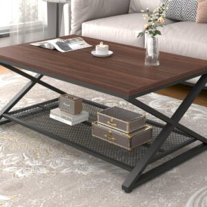 LVB Walnut Coffee Table with Storage, Metal Wood Rectangle Living Room Table, Industrial 2 Tier Center Table with Mesh Shelf, Vintage Wooden Middle Concrete Tables for Office Bedroom, 39 inch, Walnut