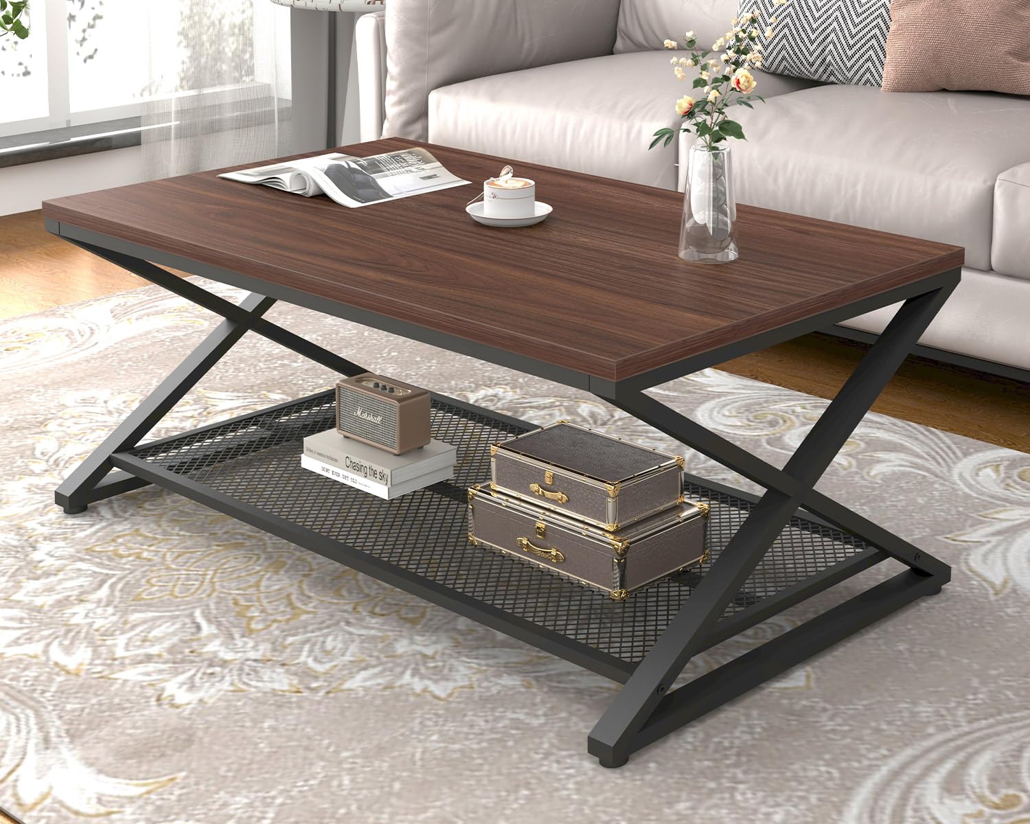 LVB Walnut Coffee Table with Storage, Metal Wood Rectangle Living Room Table, Industrial 2 Tier Center Table with Mesh Shelf, Vintage Wooden Middle Concrete Tables for Office Bedroom, 39 inch, Walnut