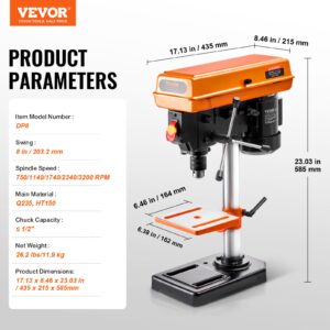 VEVOR 8 in Benchtop Drill Press, 2.3A Induction Motor, Tabletop Drilling Machine with 750/1140 / 1740/2340 / 3200 RPM Adjustable Speed, 0-45° Tilting Worktable, LED Work Light, for Wood Metal