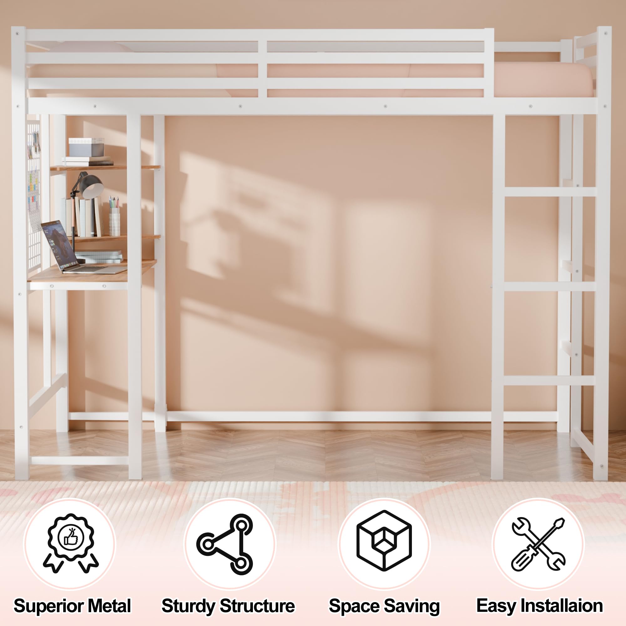 Twin Size Loft Bed with Desk and Shelves, Metal Loft Bed Frame with Metal Grid & Safety Guardrails & 2 Ladders, Space Saving Loft Beds for Kids, Teens, Adults, No Noise, No Box Spring Needed, White