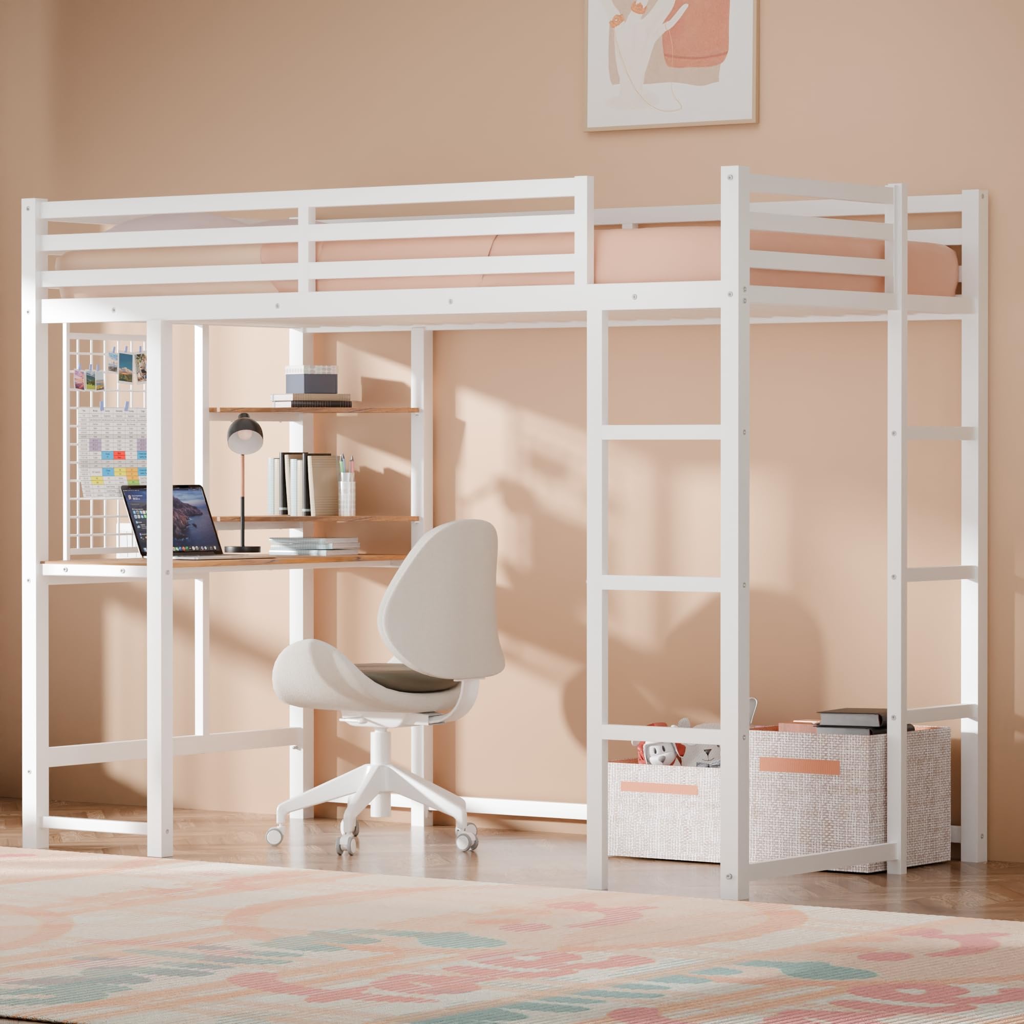 Twin Size Loft Bed with Desk and Shelves, Metal Loft Bed Frame with Metal Grid & Safety Guardrails & 2 Ladders, Space Saving Loft Beds for Kids, Teens, Adults, No Noise, No Box Spring Needed, White