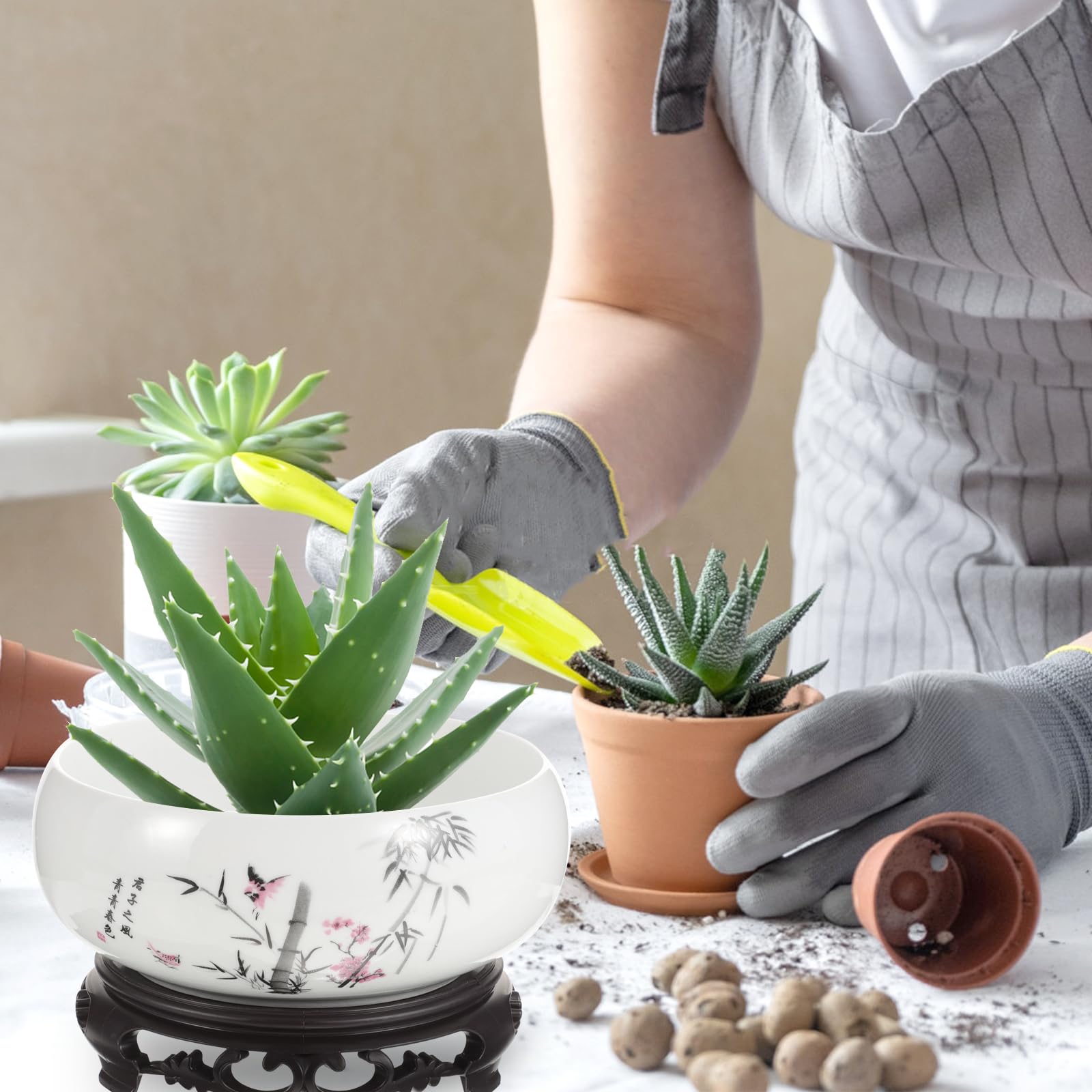 Ceramics 水培花盆圆形多肉植物花盆睡莲碗带支架水仙种植碗仙人掌花盆适用于家庭办公室花园/393