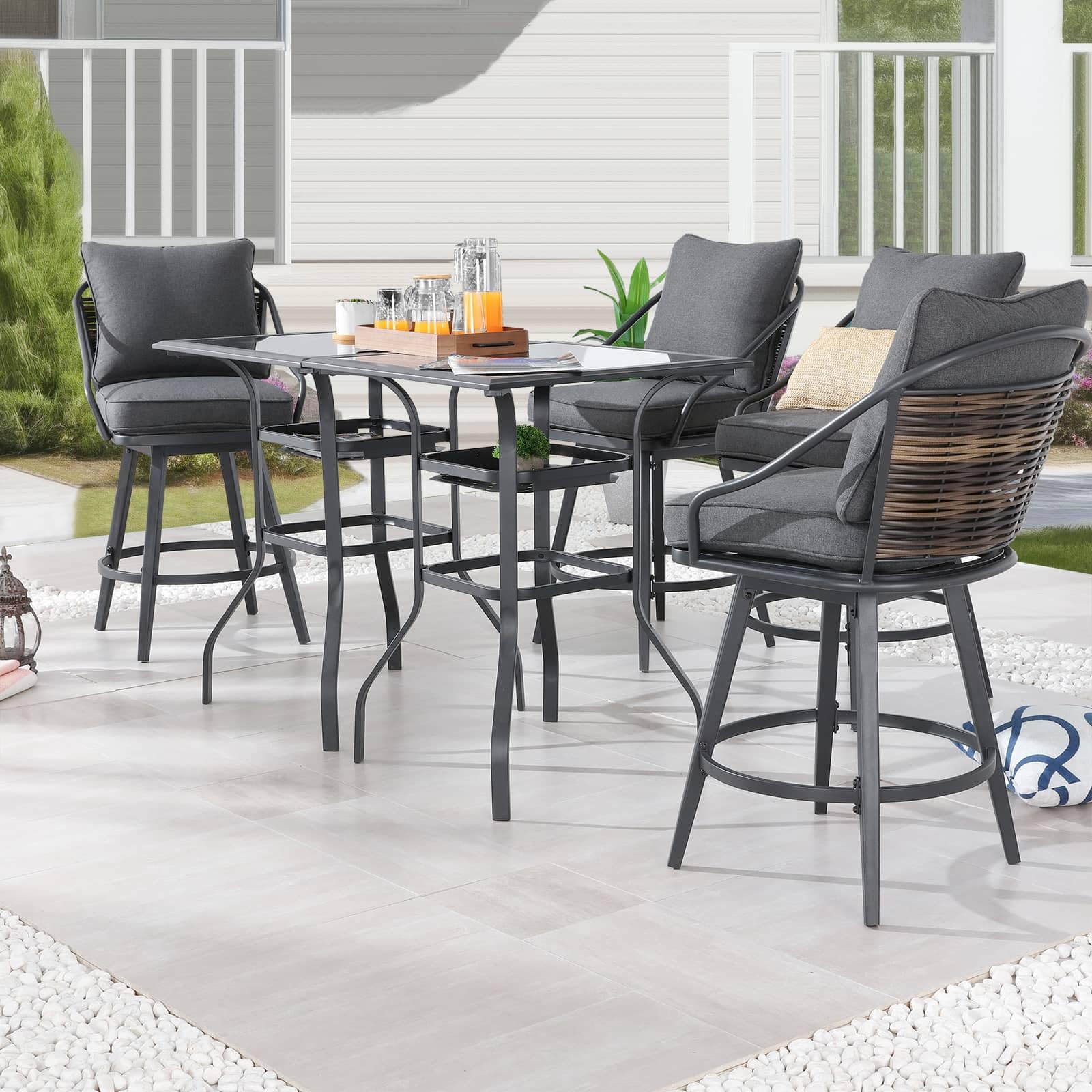 PatioFestival Outdoor Swivel Bar Stools Set of 4 Bar Height Patio Furniture Stool Chairs with 3.9" Thickness Seat Cushion for Deck Porch Backyard