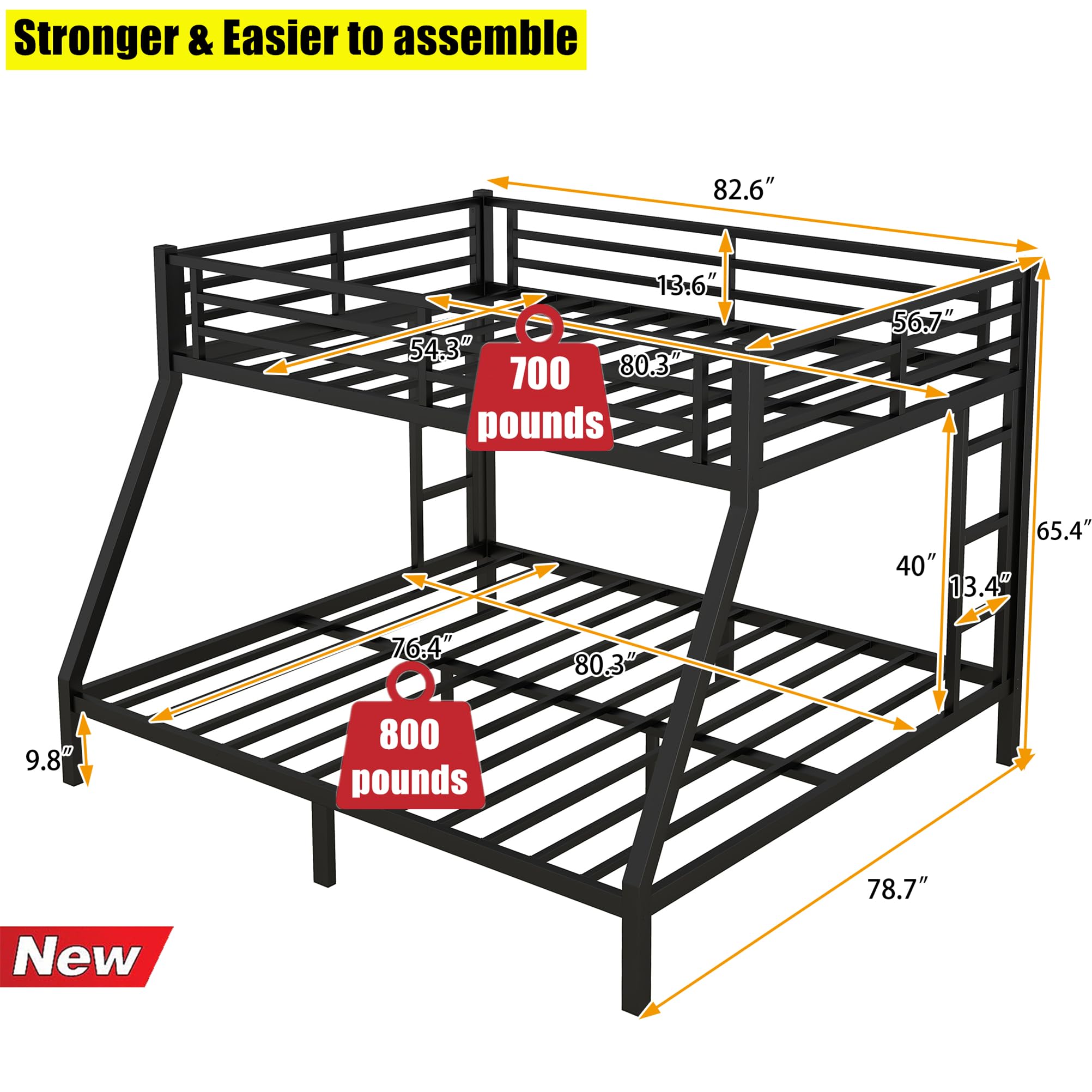 TIHWOALL Latest Upgrade & Stronger Metal Steel Bunk Bed Full XL Over King Size Bunkbed, Thickened More Stable Heavy Duty More Rust-Proof King Bunk Bed Frame (Easier Assembly) (Full XL Over King)