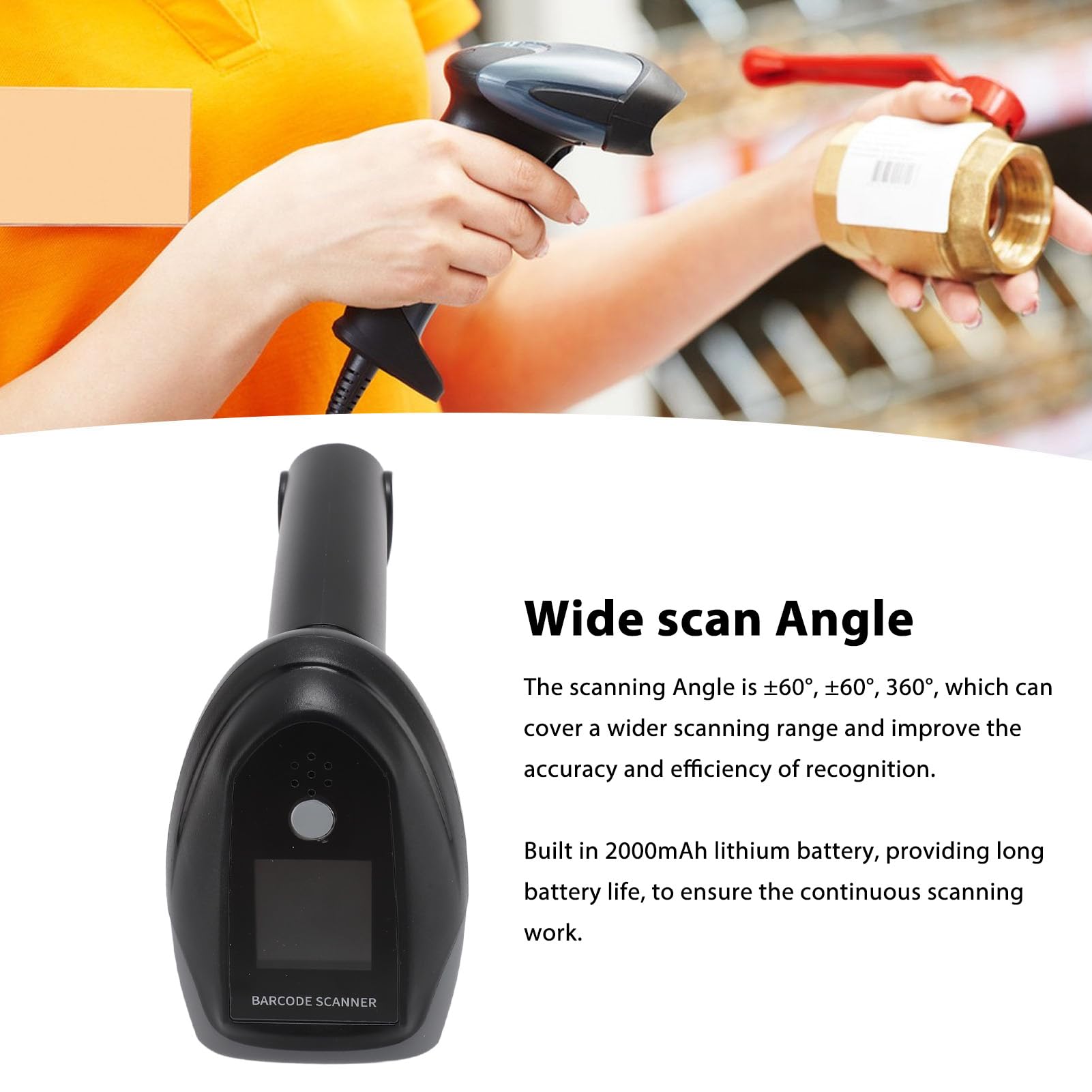 Barcode Scanner 2D QR Cordless Handheld Scanner, LCD Display, AI Voice, Wide Scan Range with 2000mAh Battery, ABS Material, 30FPS, White LED, 500,000 Memory