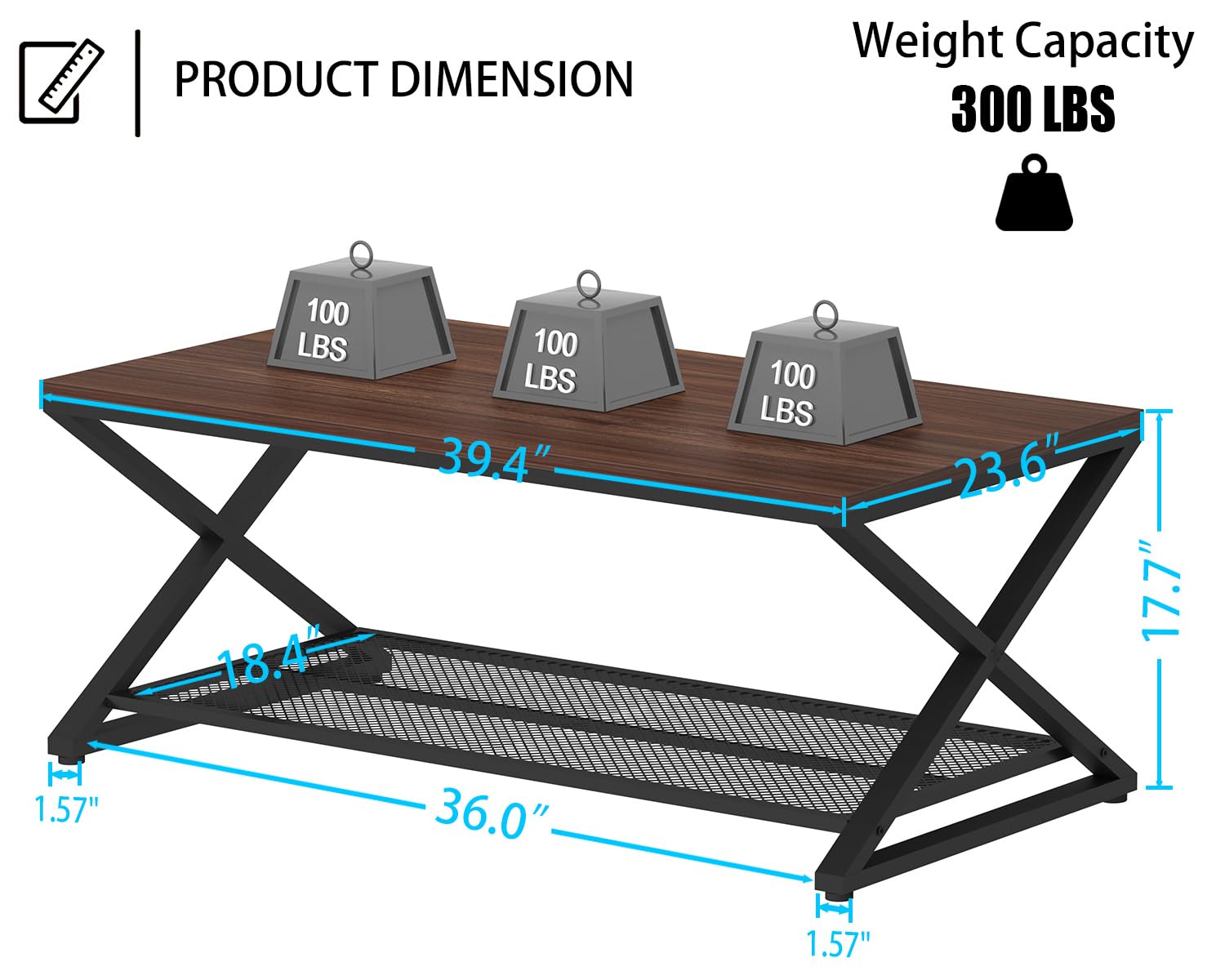 LVB Walnut Coffee Table with Storage, Metal Wood Rectangle Living Room Table, Industrial 2 Tier Center Table with Mesh Shelf, Vintage Wooden Middle Concrete Tables for Office Bedroom, 39 inch, Walnut