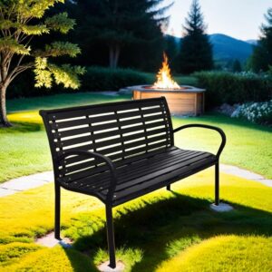 funmay patio bench, black steel and wpc, durable outdoor seating