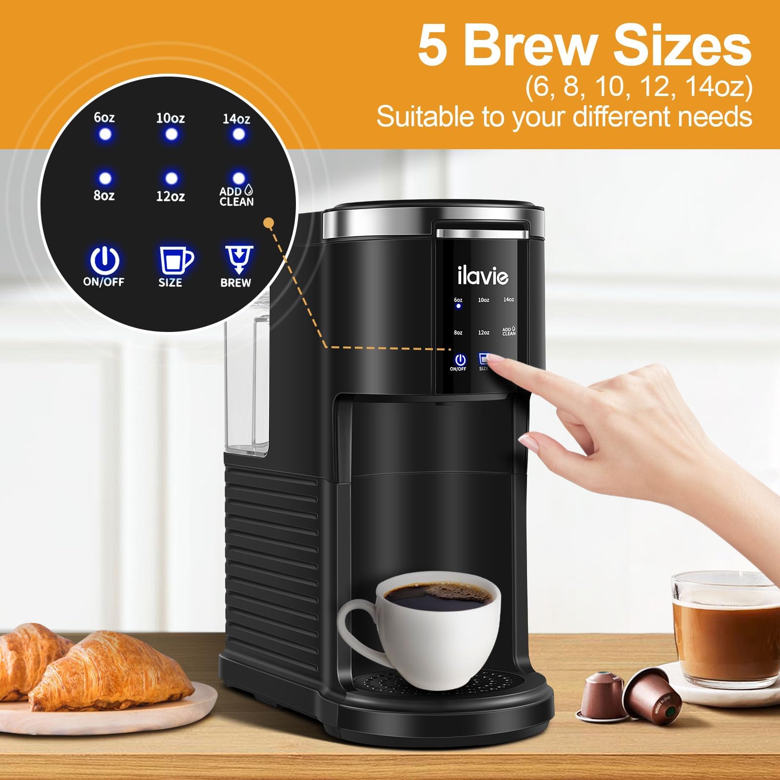 ILAVIE 2 in 1 Single Serve Coffee Maker, 40oz K Cup Coffee Maker for K cup Pods and Ground Coffee, Single Cup Coffee Maker with 5 Brew Sizes Up to 14oz, Compact Design Coffee Machine for Travel