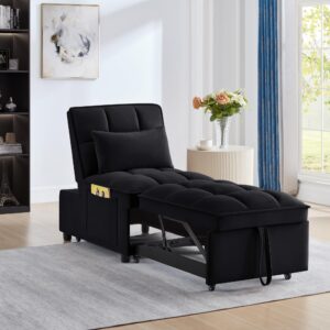 myeypel 4 in 1 sleeper sofa couch bed,multi-function velvet convertible single sleeper sofa bed with adjustable backrest,storage pockets,toss pillows,pull out single sleeper for living room,black