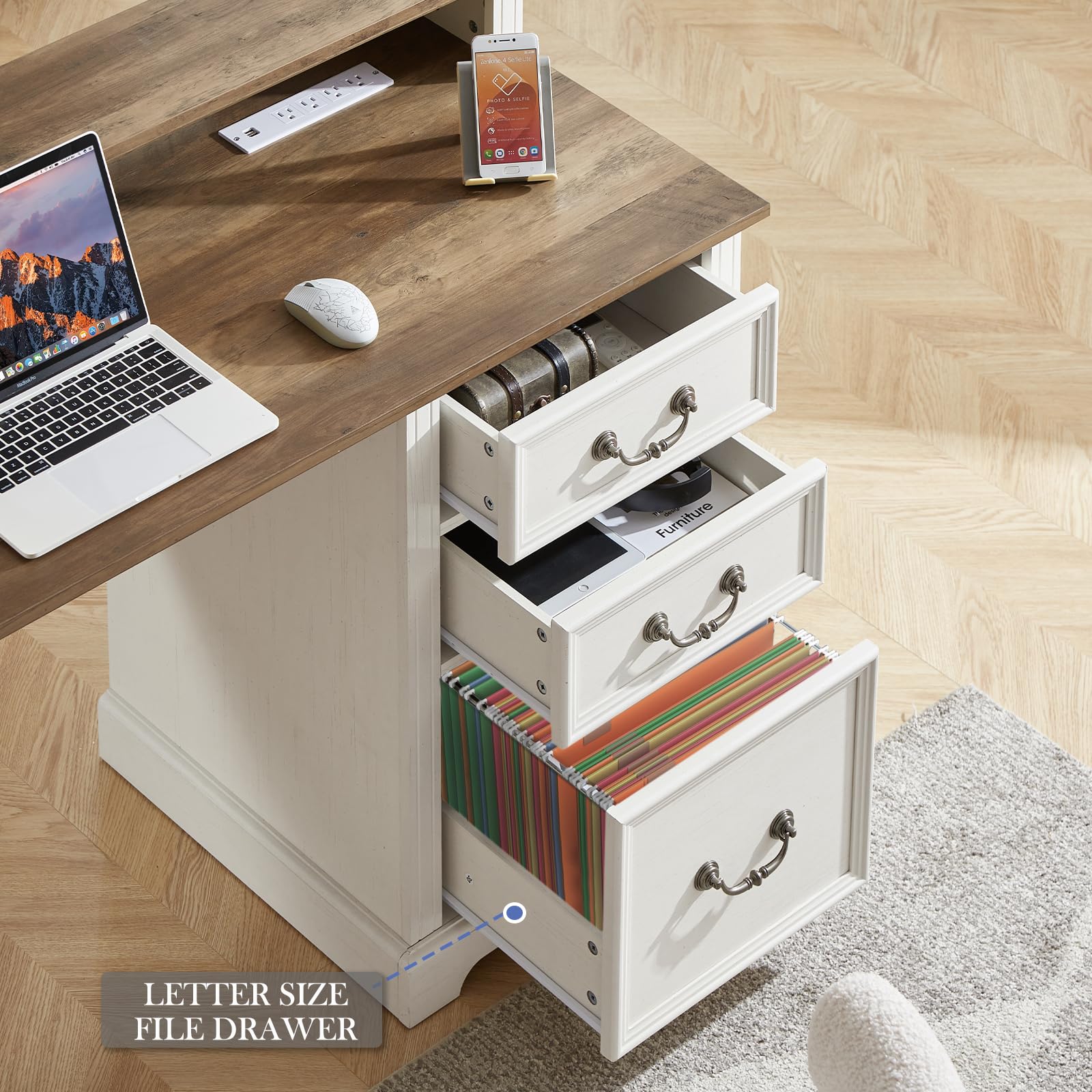 Vagaconl 55in Farmhouse Desk with Outlets, Mid Century Modern Desk with Charging Station File Cabinet, Storage Cabinet, Vintage Computer Writing Desk,Home Office,White and Brown