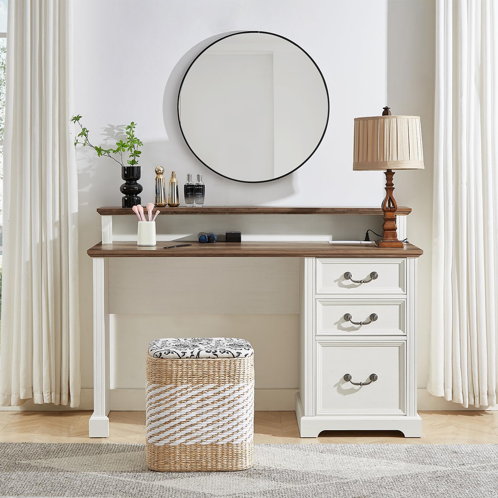 Vagaconl 55in Farmhouse Desk with Outlets, Mid Century Modern Desk with Charging Station File Cabinet, Storage Cabinet, Vintage Computer Writing Desk,Home Office,White and Brown