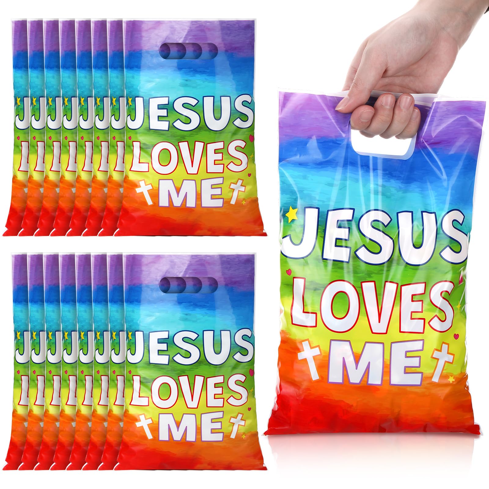 Hosuly 50 Pieces JESUS LOVES ME Gift Bags Plastic Goody Bags with Handles Religious Treat Bags Christian Cross Candy Gift Bag for VBS Church Party Supplies Party Favor Decoration