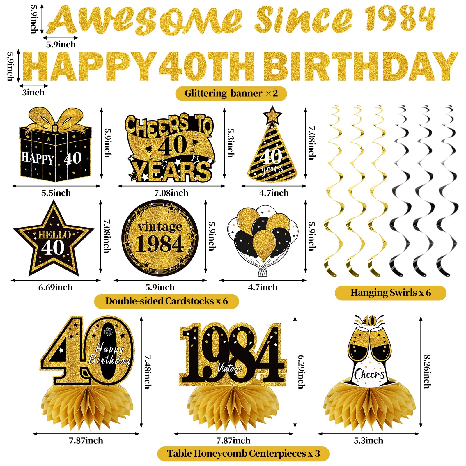 Kuxriox 11Pcs 40th birthday decorations Kit for Men Women, Black Gold Happy 40th Birthday Banner, Awesome Since 1984 Centerpieces Swirls Party Supplies, Forty Bday Banner Ceiling Table Topper Sign