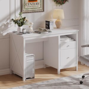 choochoo 47" white desk with drawers, wood home office computer desk with charging station, 2 storage drawers and open shelf, writing study table vanity desk