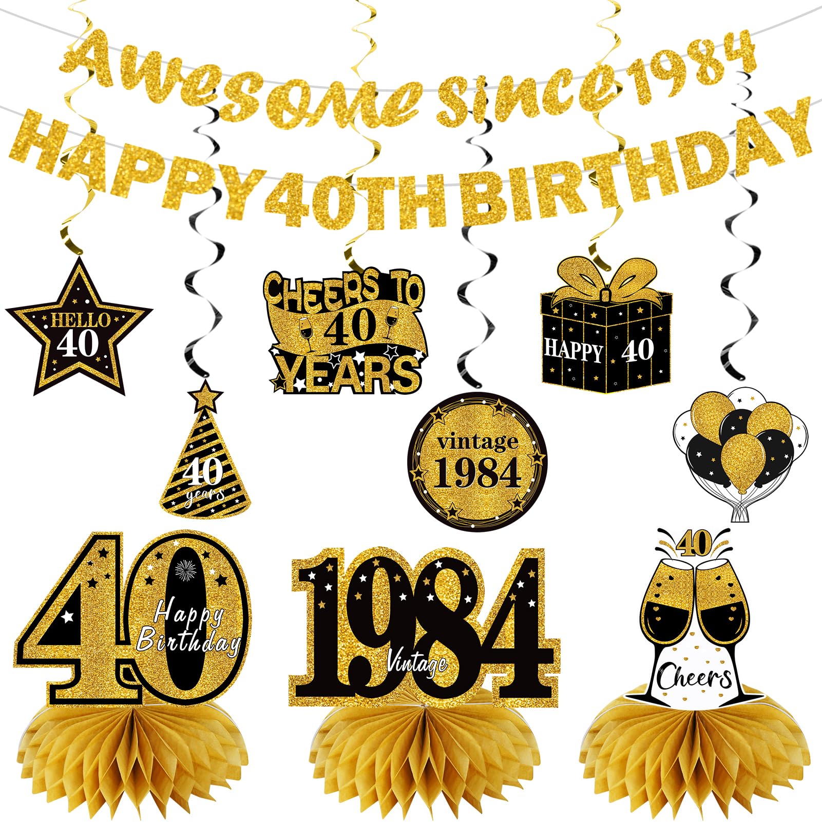 Kuxriox 11Pcs 40th birthday decorations Kit for Men Women, Black Gold Happy 40th Birthday Banner, Awesome Since 1984 Centerpieces Swirls Party Supplies, Forty Bday Banner Ceiling Table Topper Sign