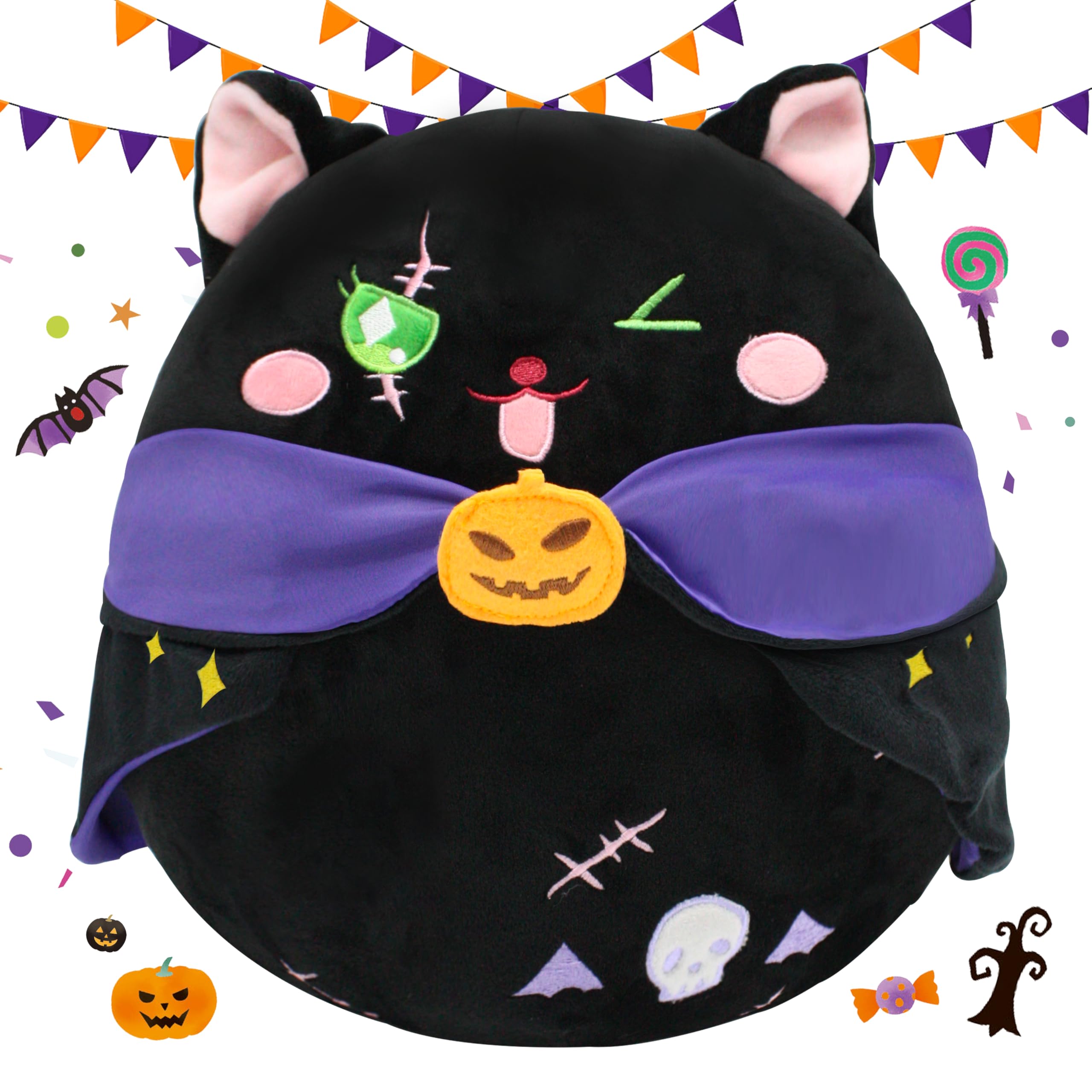 Jrystar 12'' Happy Halloween Black Cat Plush Pillow Toy Soft Skeleton Pumpkin Black Cat Plush Hugging Throw Pillow Home Party Decorations for Kids Adults